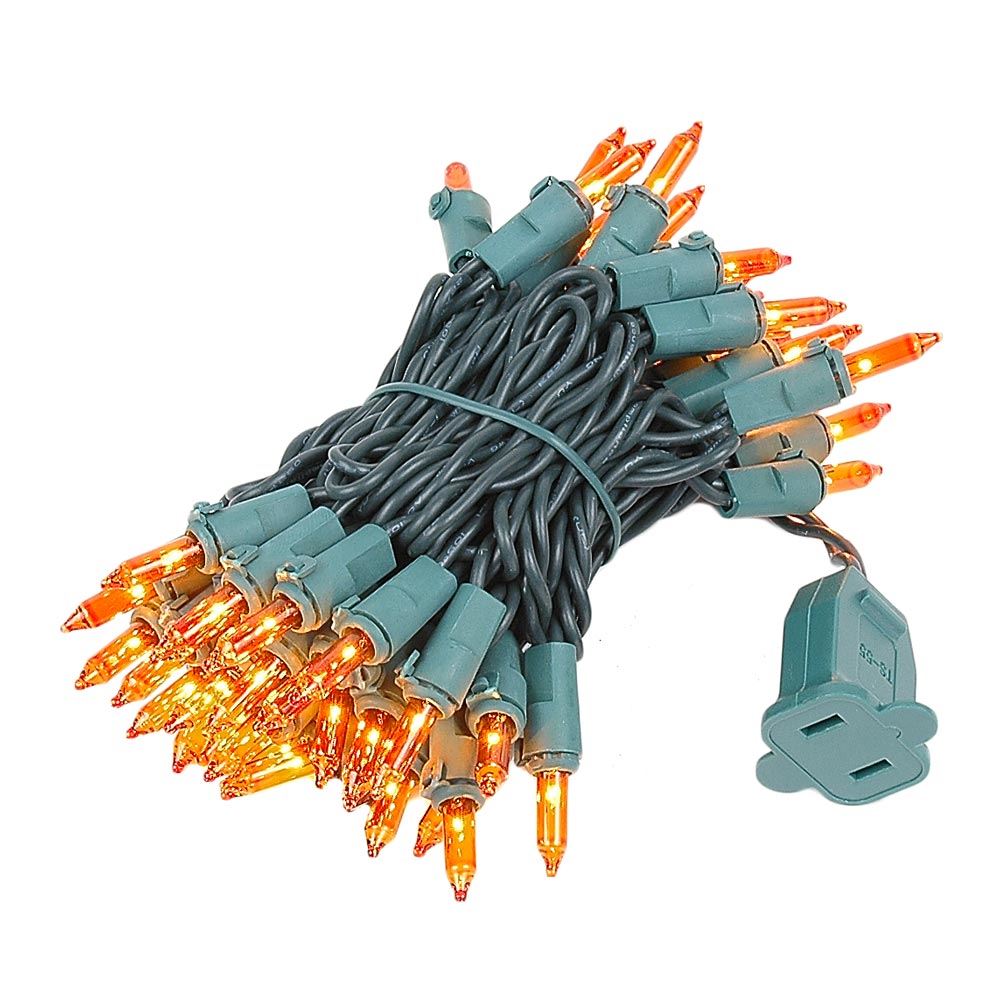 Amber/Orange Christmas Mini Light Set 50 Light Green Wire 11 Feet Long ...