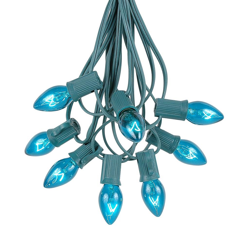Teal Transparent C7 Outdoor String Light Set on Green Wire - Novelty ...