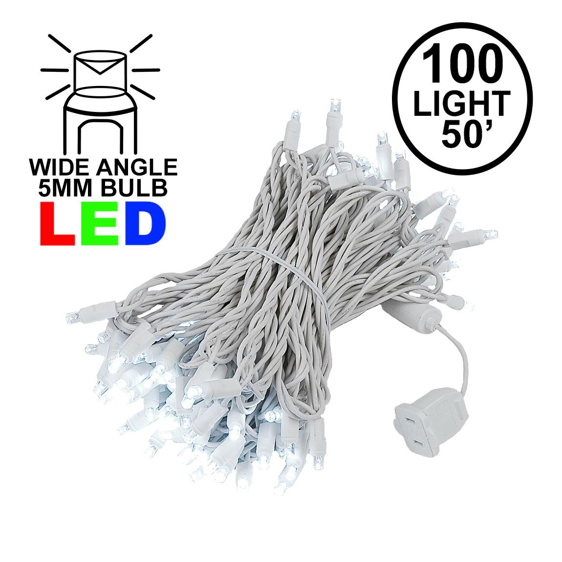 Pure White 100 LED Christmas Lights Sets 50 Long on White WireNovelty ...