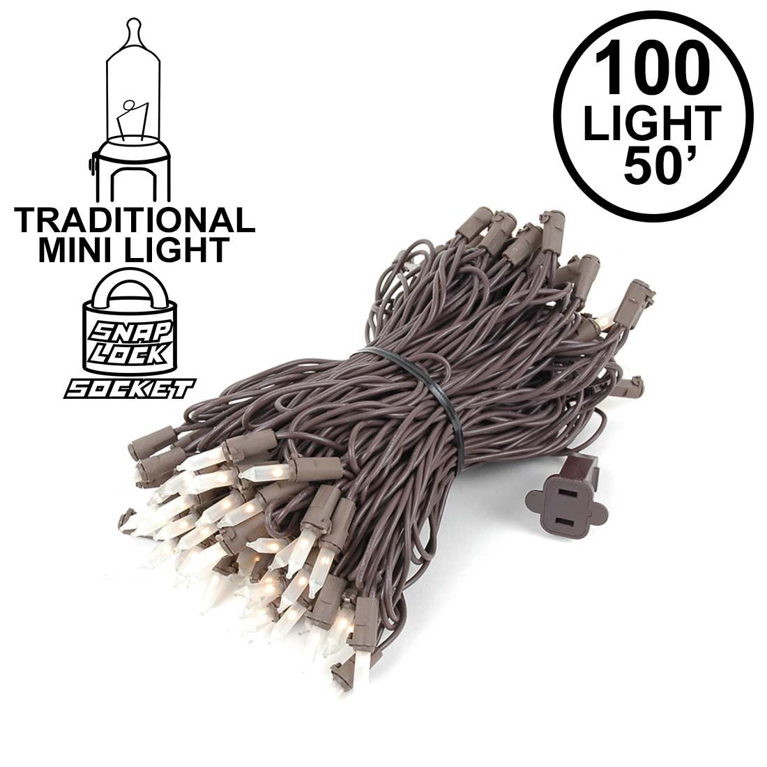 Frosted White Christmas Mini Lights Set 100 Light Brown Wire 50 Feet ...