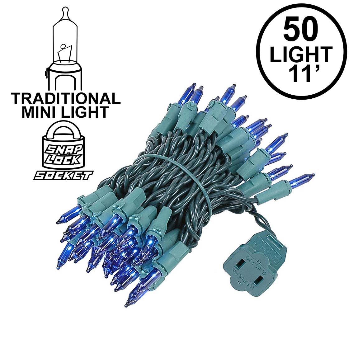 Blue Christmas Mini Light Set 50 Light Green Wire 11 Feet Long ...