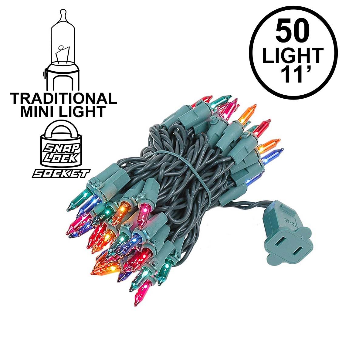 Multi Christmas Mini Light Set 50 Light Green Wire 11 Feet Long ...
