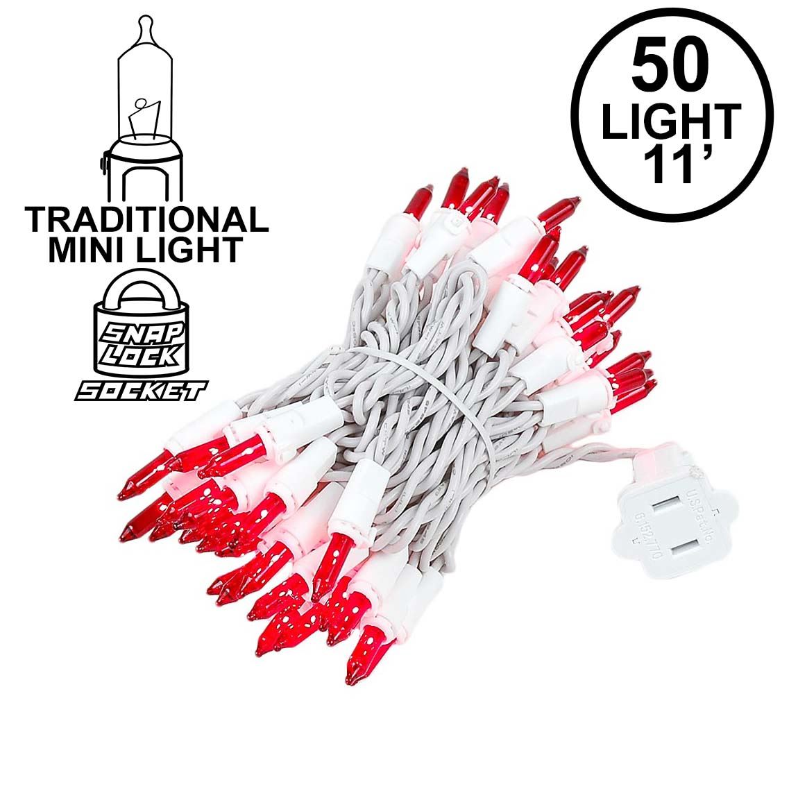 Red Christmas Mini Light Set 50 Light White Wire 11 Feet Long - Novelty ...