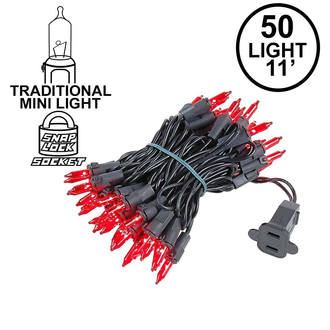 Red Christmas Mini Lights Set 50 Light Black Wire 11 Feet - Novelty ...