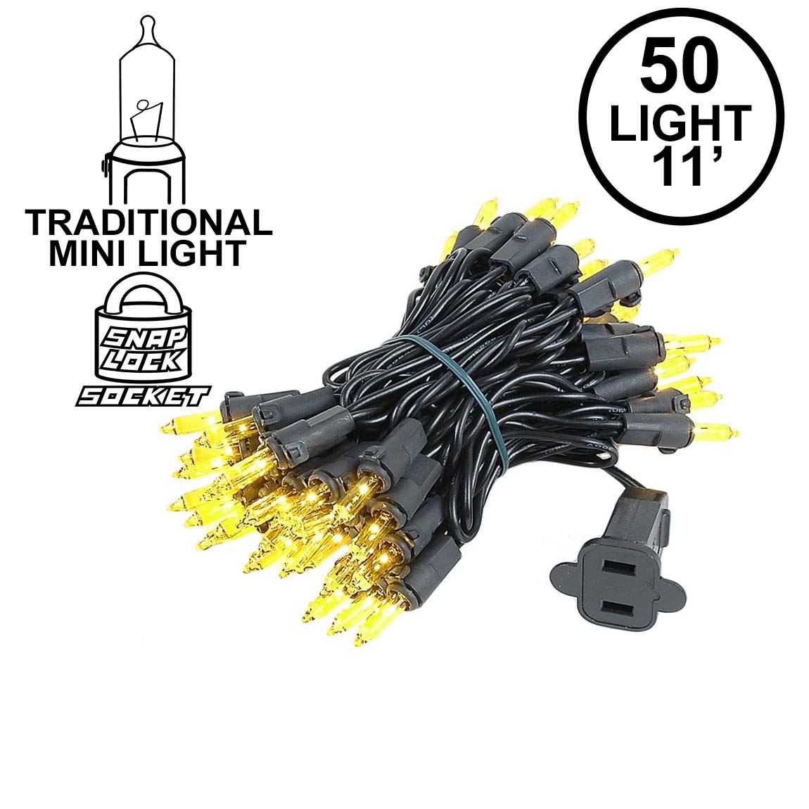 Yellow Christmas Mini Lights Set 50 Light Black Wire 11 Feet - Novelty ...