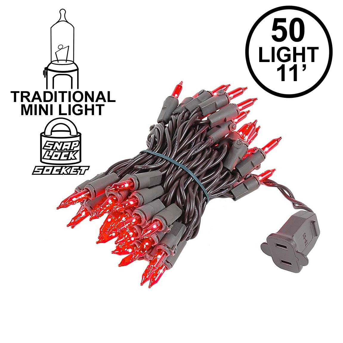 Red Christmas Mini Lights Set 50 Light Brown Wire 11 Feet - Novelty ...