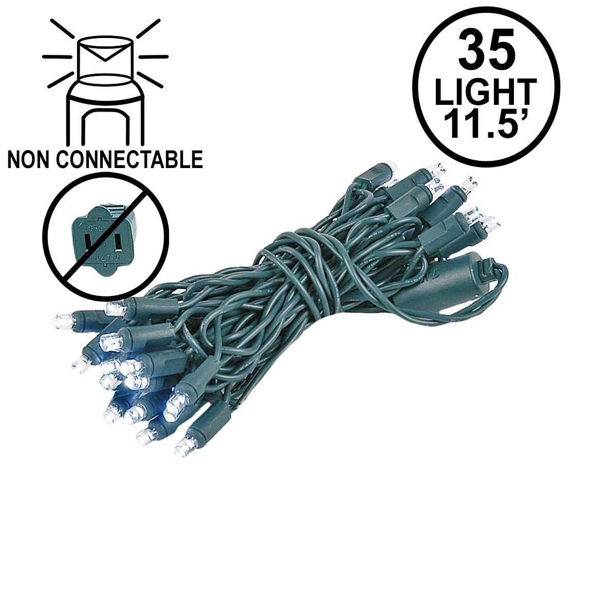 35 Light Pure White LED Christmas Light Set Non-Connectable Green Wire ...