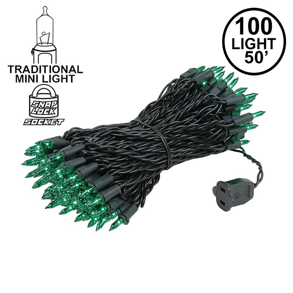 green Christmas Mini Lights Set 100 Light Black Wire 50 Feet - Novelty ...