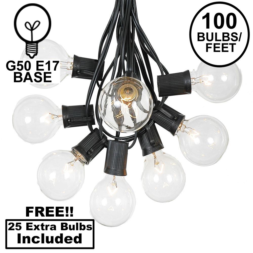 100 Clear G50 Globe String Light Set on Black Wire - Novelty Lights ...