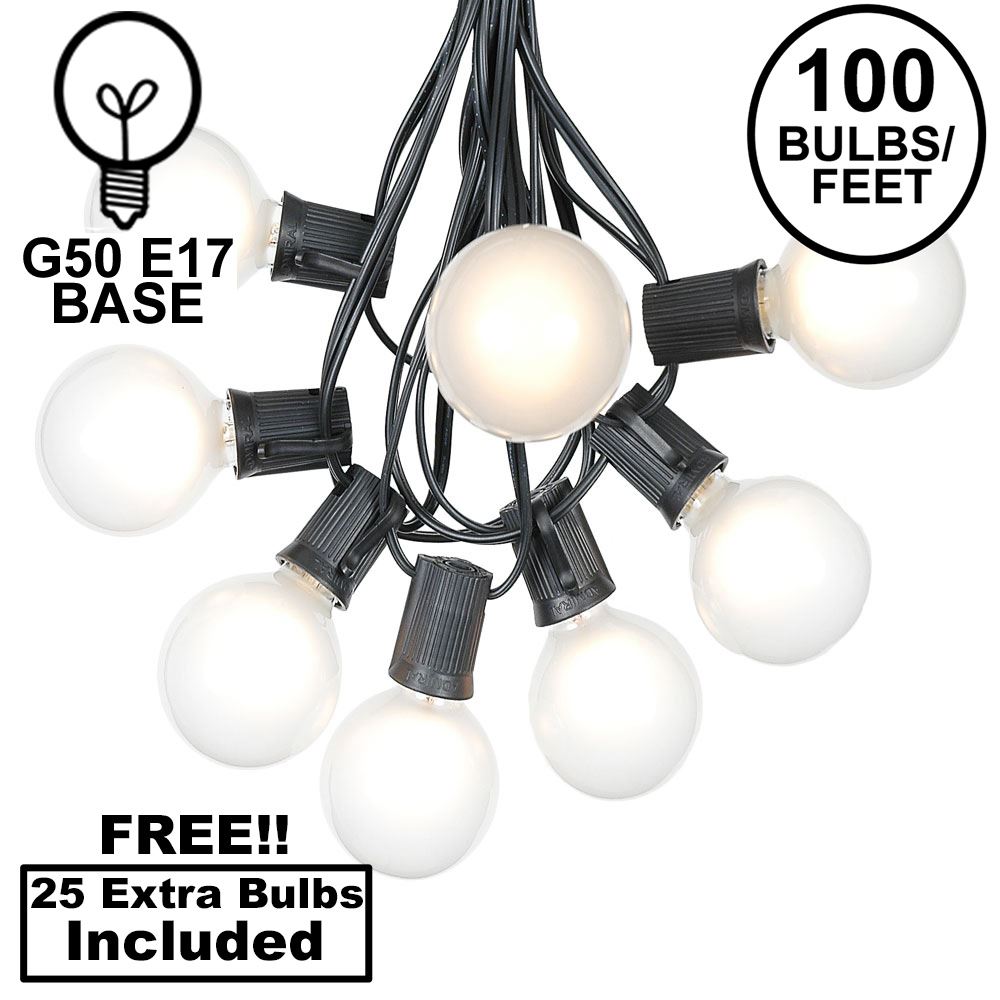 100 Frosted White G50 Globe String Light Set on Black Wire - Novelty ...