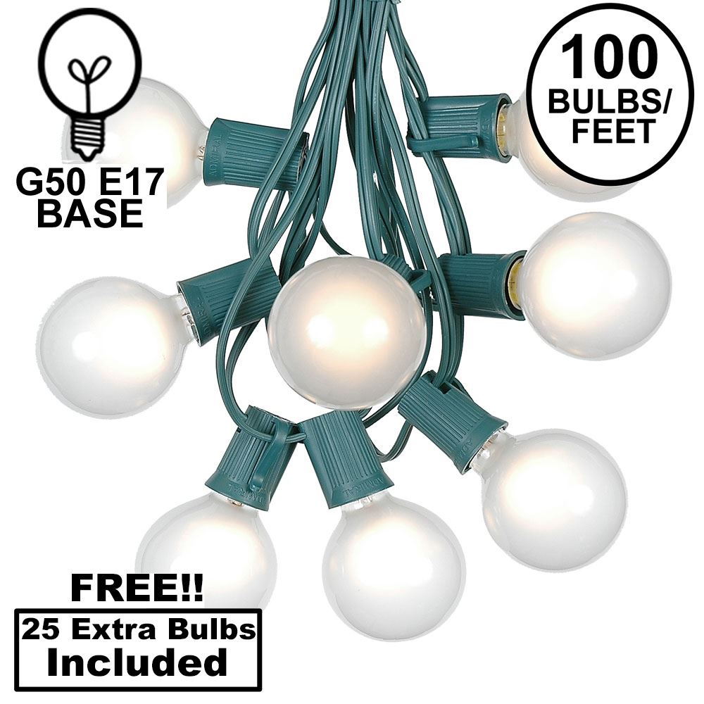 100 Frosted White G50 Globe String Light Set on Green Wire - Novelty ...
