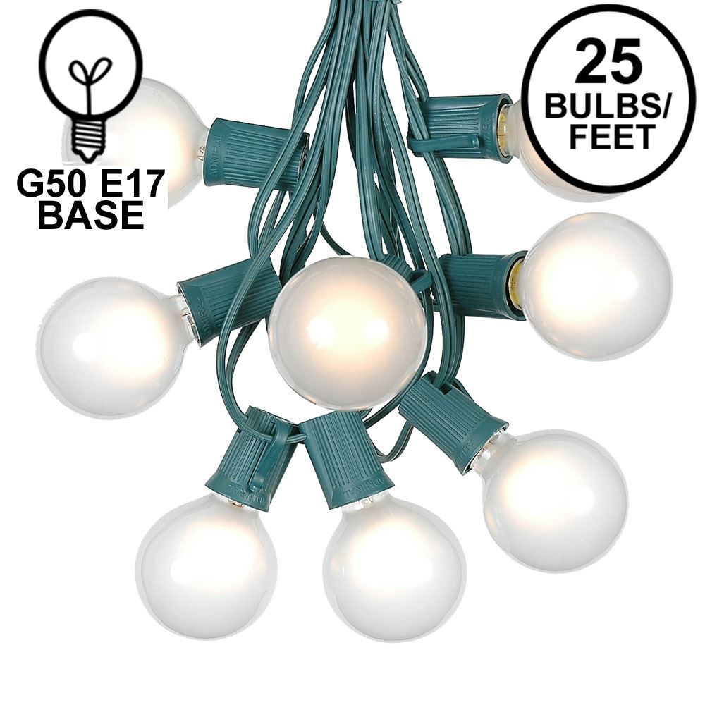 Frosted White G50 Globe/Round Outdoor String Light Set on Green Wire ...
