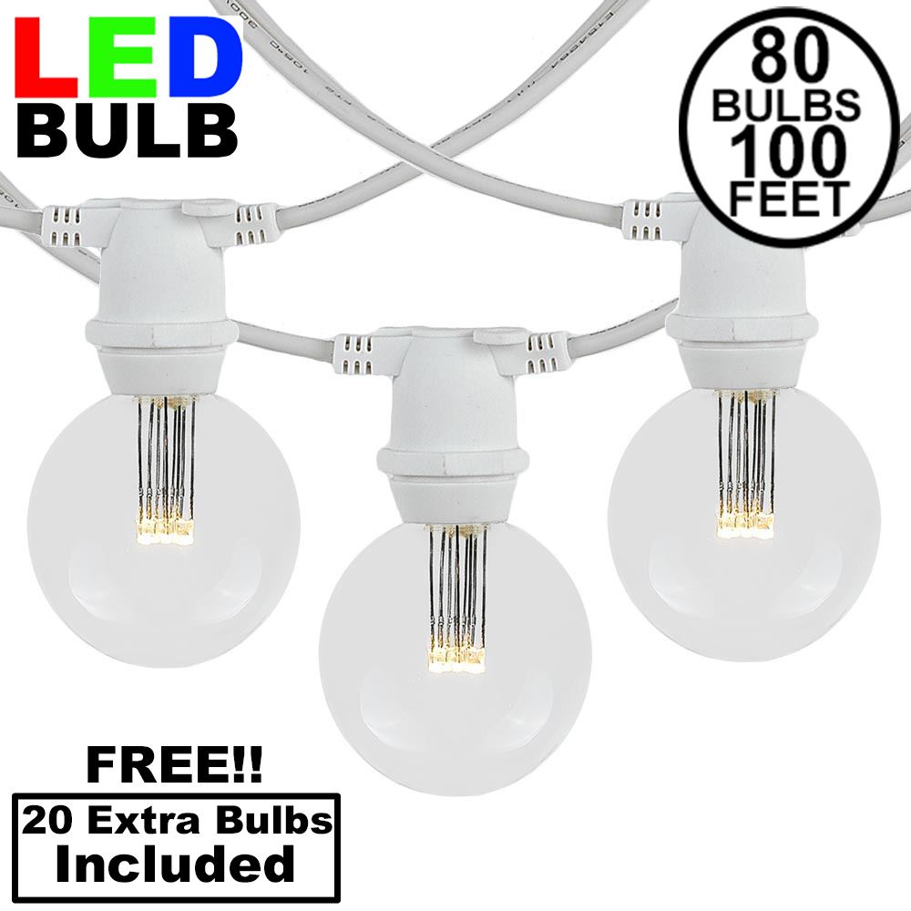 100 Warm White LED G50 Heavy Duty String Light Sets on White Wire ...