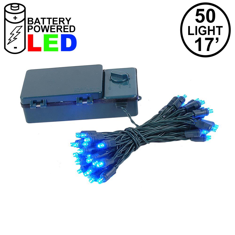 50 LED Battery Operated Christmas Lights Blue on Green Wire - Novelty ...