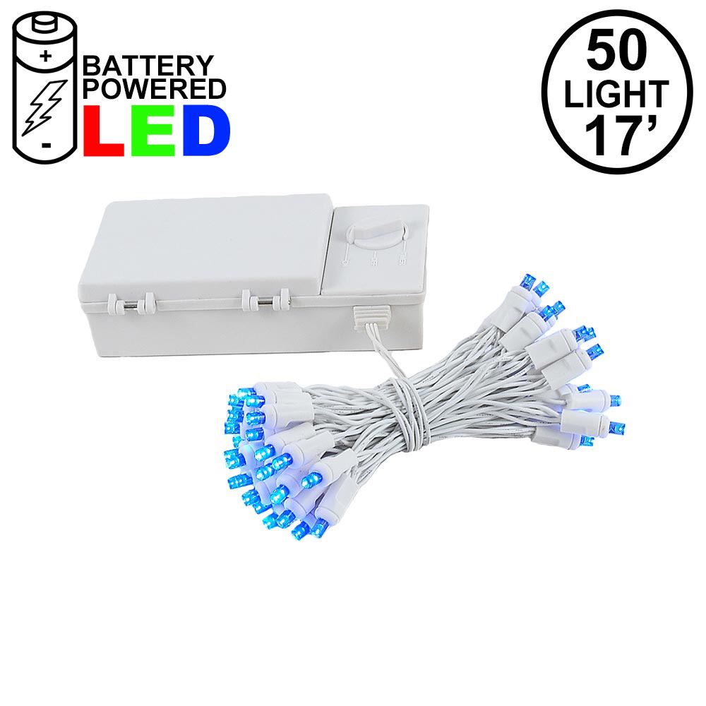 50 LED Battery Operated Christmas Lights Blue on White Wire - Novelty ...