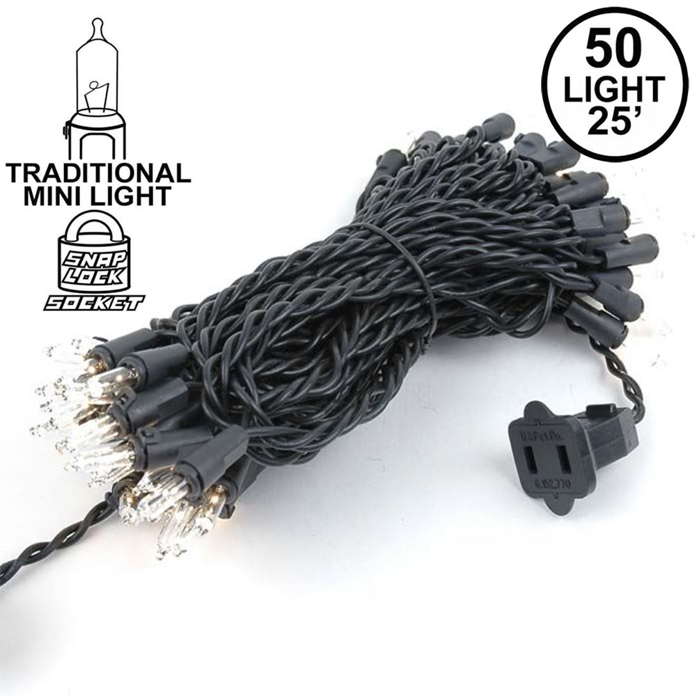 Clear Christmas Mini Lights Set 50 Light Black Wire 25 Feet - Novelty ...
