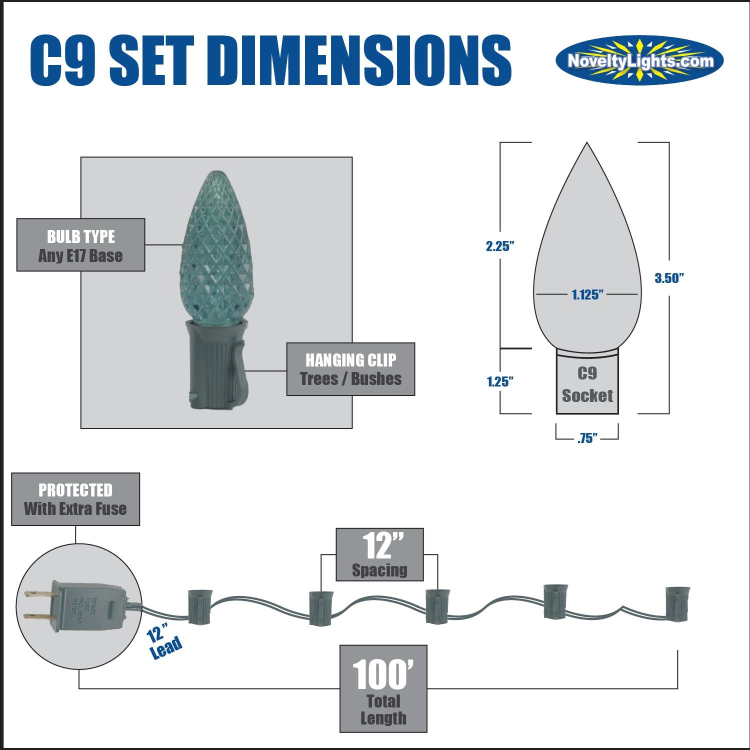 100 Multi Color Ceramic C9 Vintage Christmas Light Set on Green Wire ...