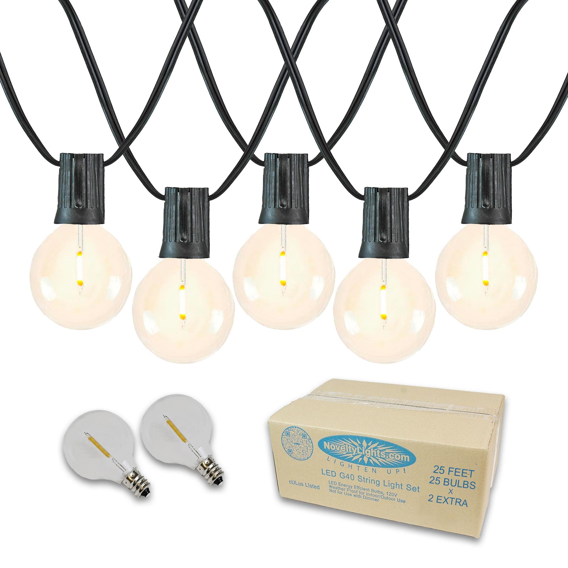 Warm White LED G40 Globe/Round Outdoor String Light Set on Black Wire ...