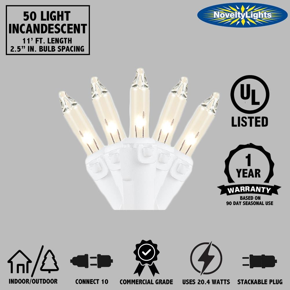 Clear Christmas Mini Light Set 50 Light White Wire 11 Feet Long ...