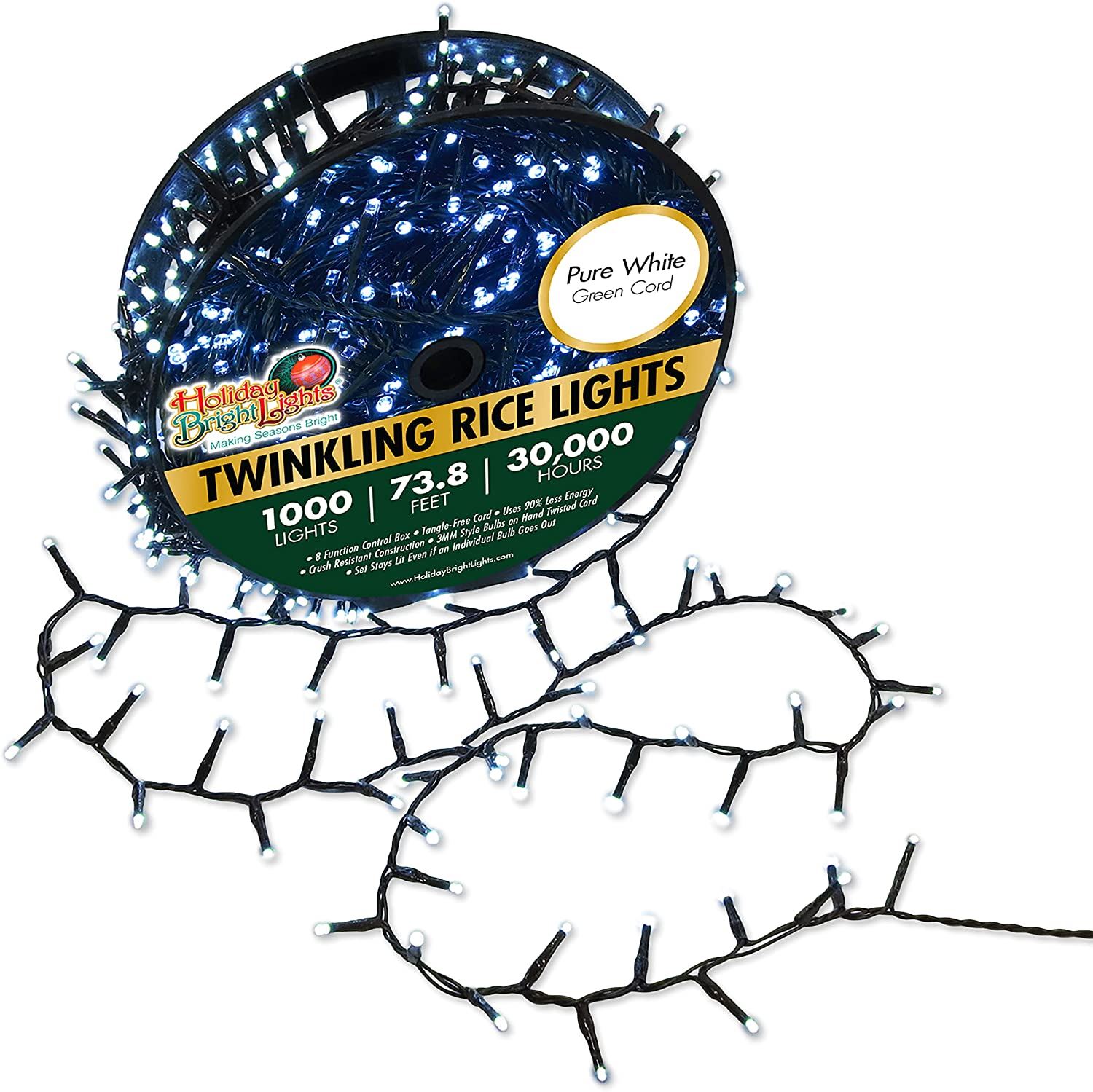 LED Twinkling Rice Light Set - 1000 Pure White Lights On Green ...