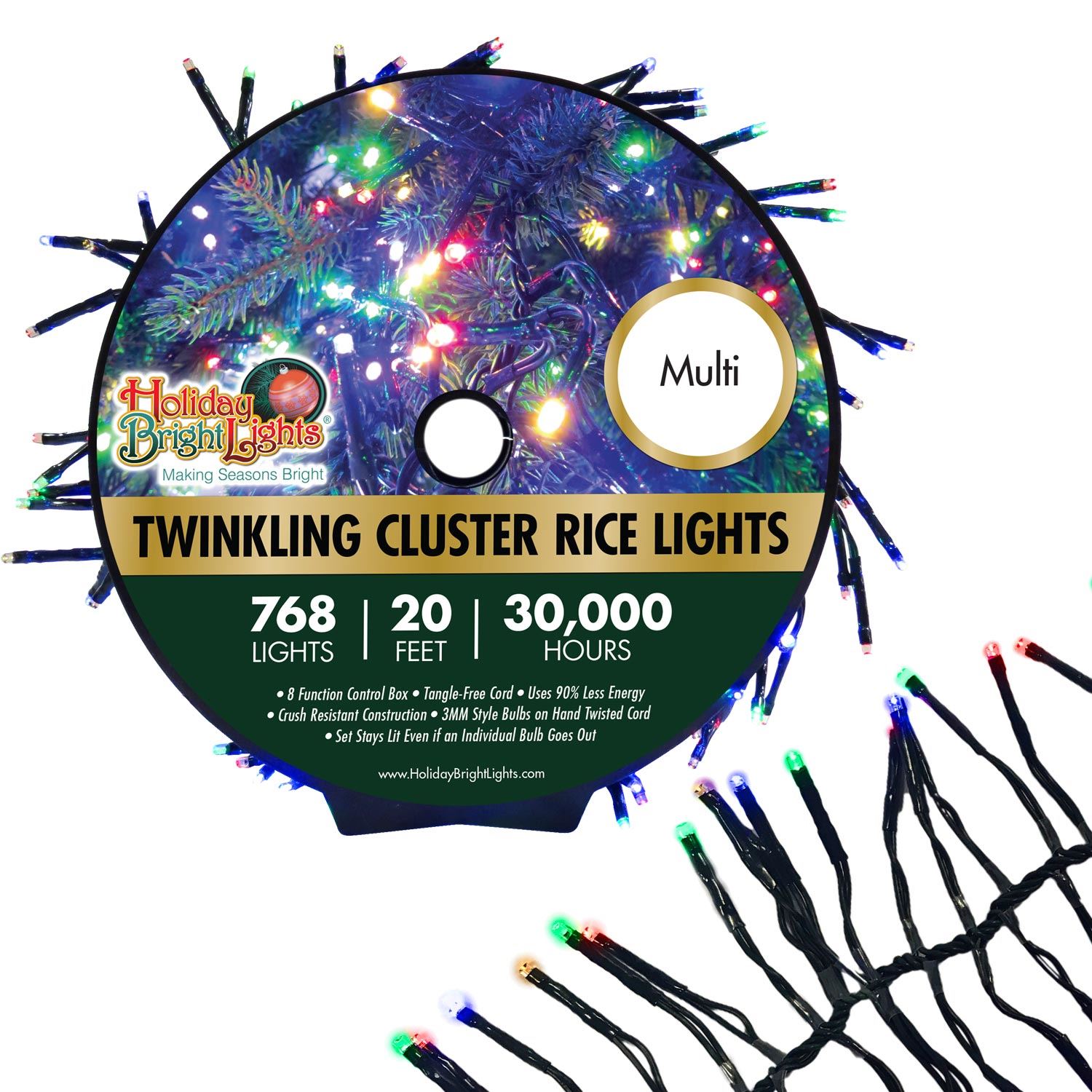LED Twinkling Cluster Rice Light Set - 768 Multi Color Lights On Green ...