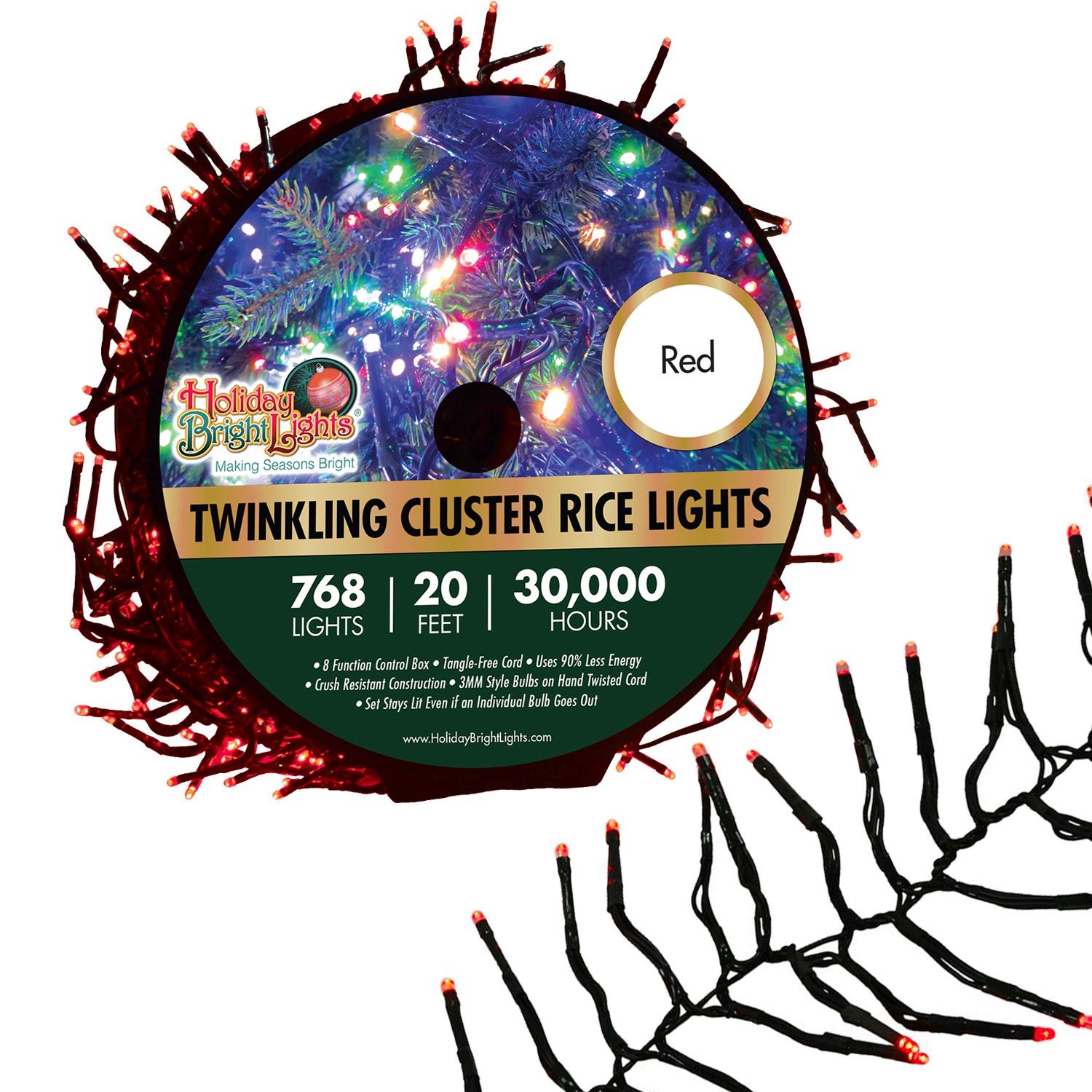 LED Twinkling Cluster Rice Light Set - 768 Red Lights On Green ...