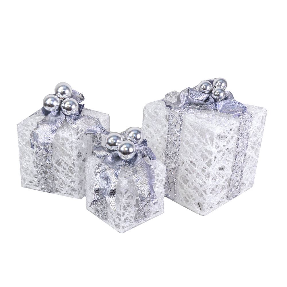 8 in., 10 in. & 12 in. Glittered White Gift Boxes with 70 Cool White ...