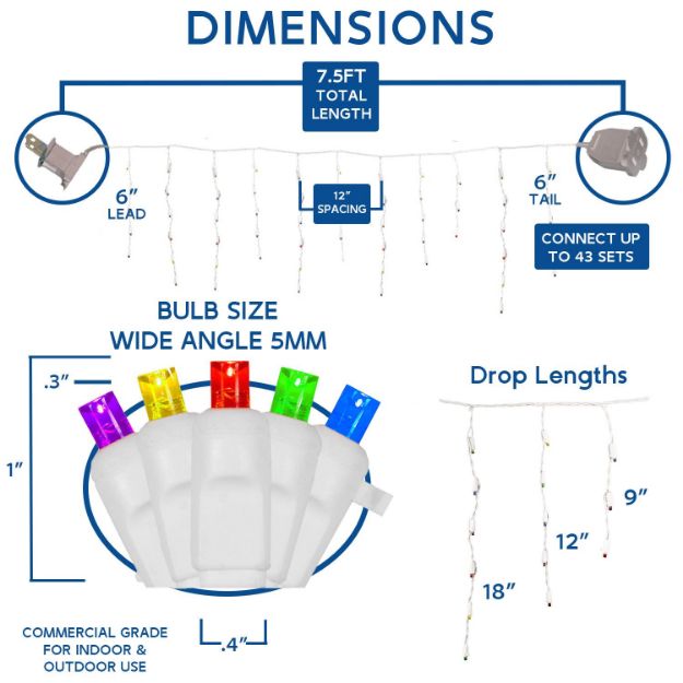 Multi LED Icicle Lights on White Wire - Novelty Lights Inc Novelty ...