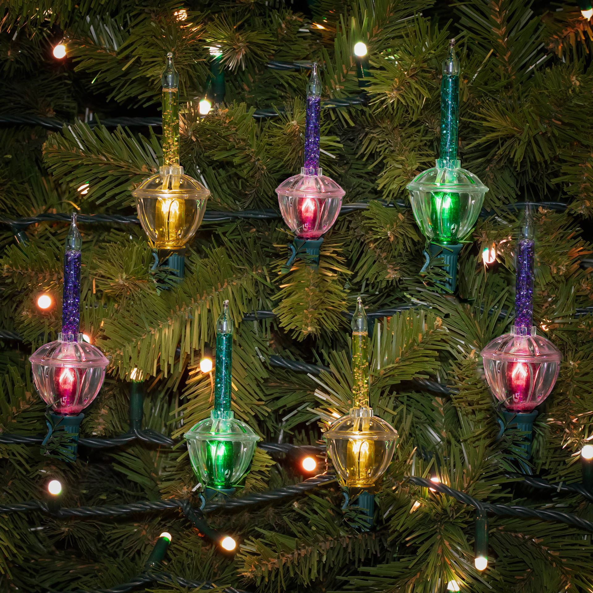 Yellow/Purple/Green 7 Light Traditional Bubble Light Set with Glitter ...