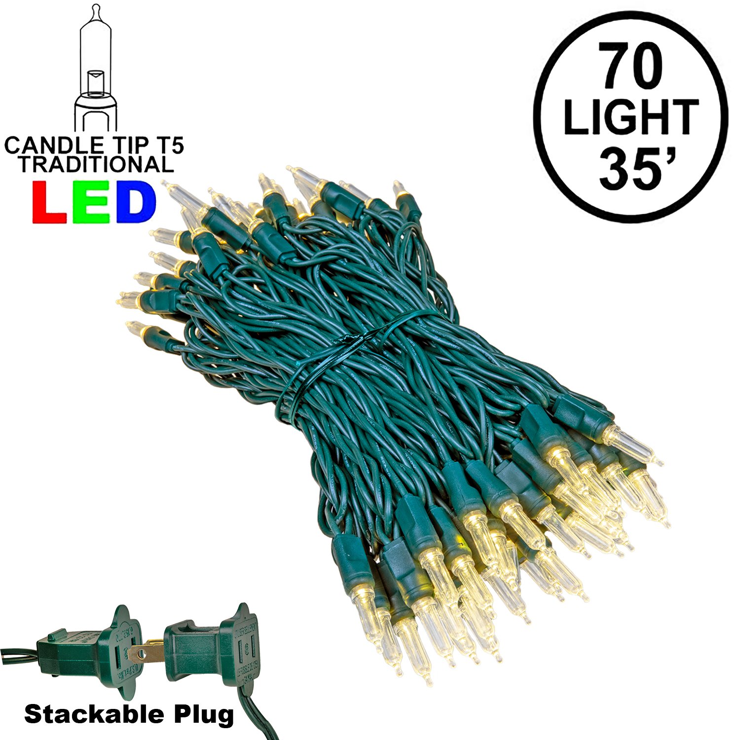 70 Light Traditional Candle Tip LED Christmas Lights Warm White ...
