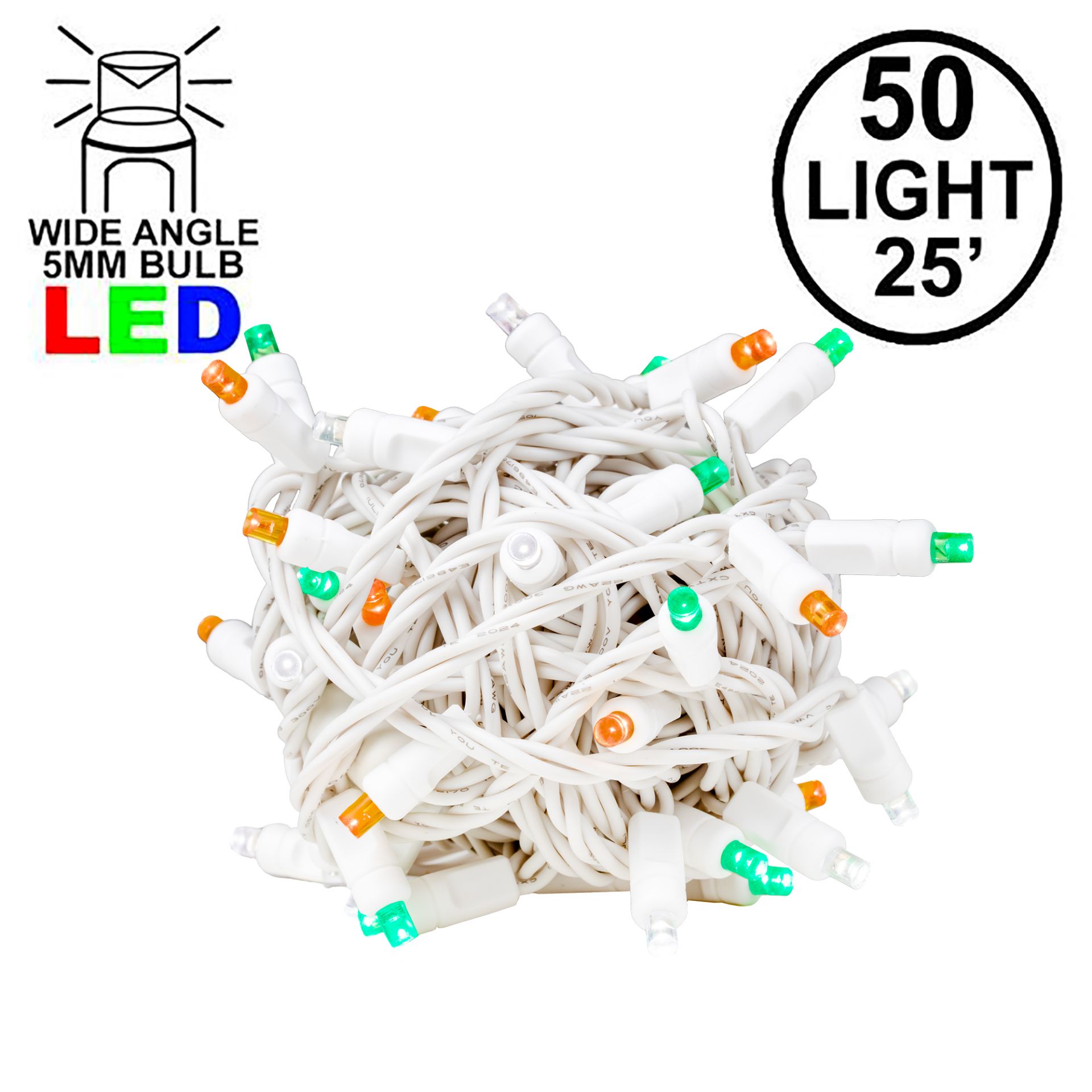 White Wire Wide Angle Green/White/Orange 50 Bulb LED Christmas Lights ...