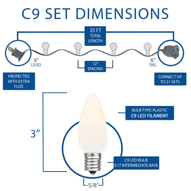 LED C9 Plastic 25L Ceramic White (Warm White) Light Set 25' Green Wire ...