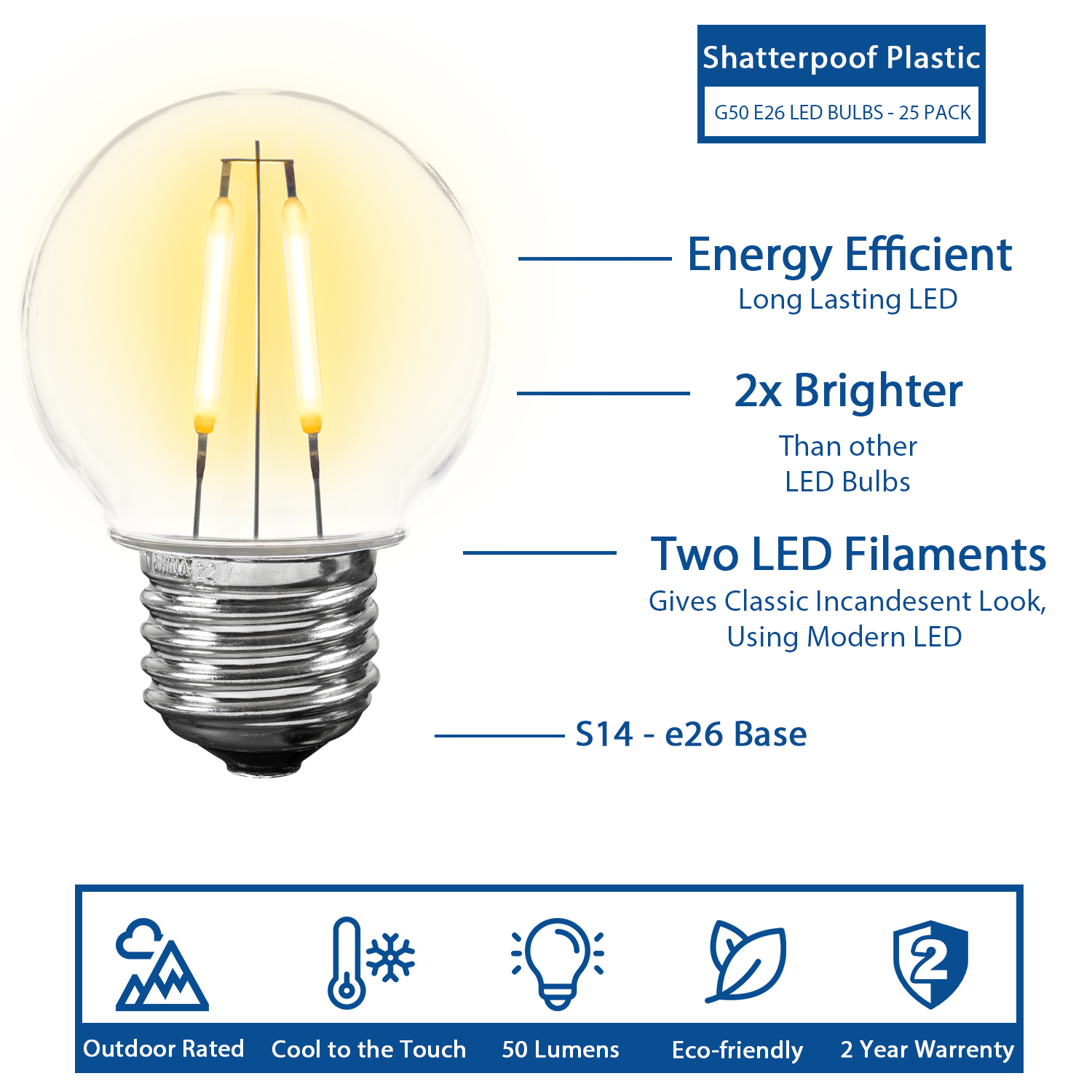 Dual Filament Warm White LED G50 Plastic Globe Bulbs - Novelty ...
