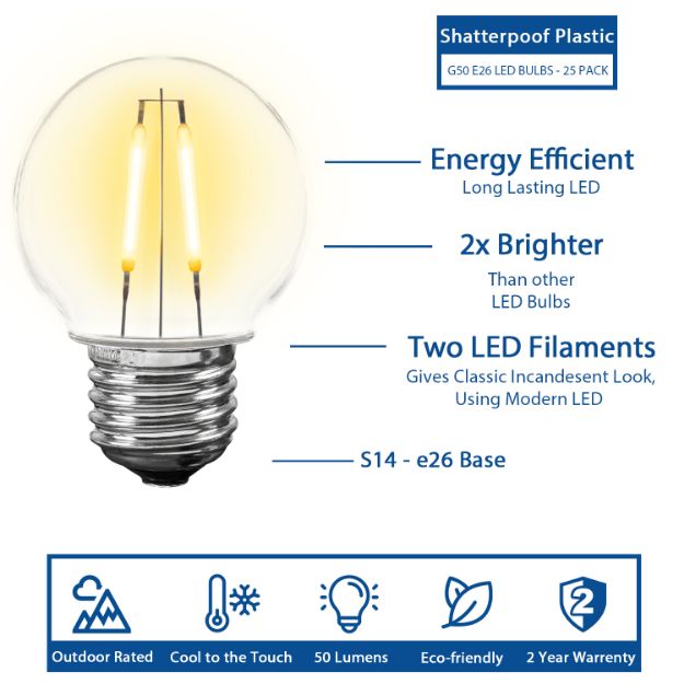 Dual Filament Warm White LED G50 Plastic Globe Bulbs - Novelty ...