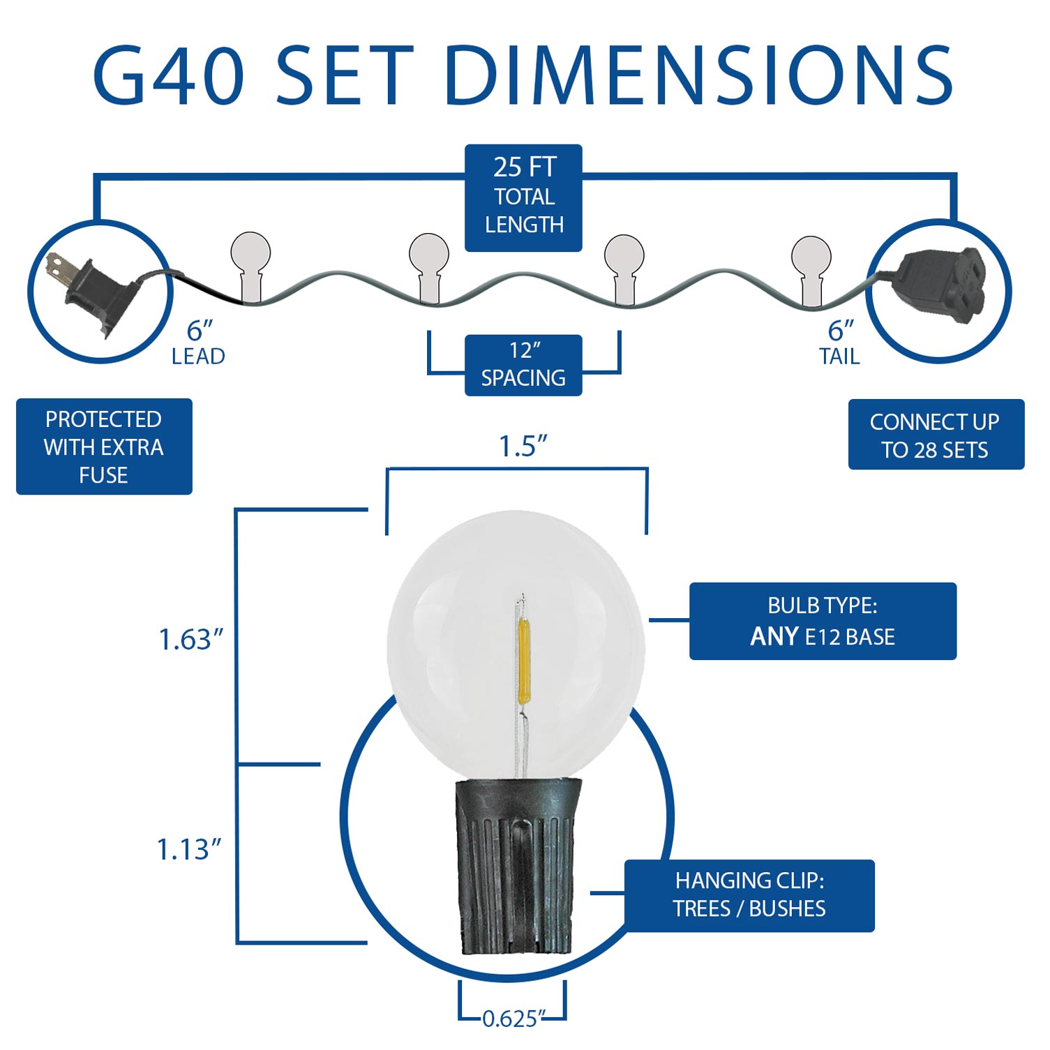Warm White LED G40 Globe/Round Outdoor String Light Set on Black Wire ...