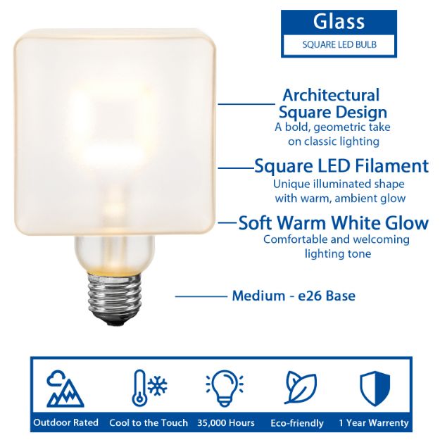 LED Square Frosted Warm White Medium Base Glass Filament Bulb - Novelty ...
