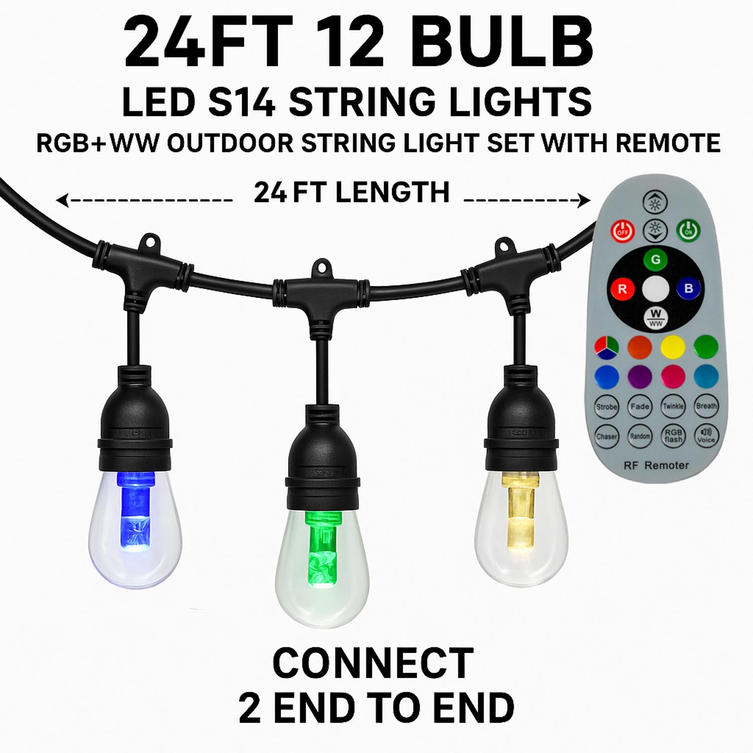 24' RGBWW LED S14 Patio Light String – 12 Bulbs, Black Wire | Novelty ...