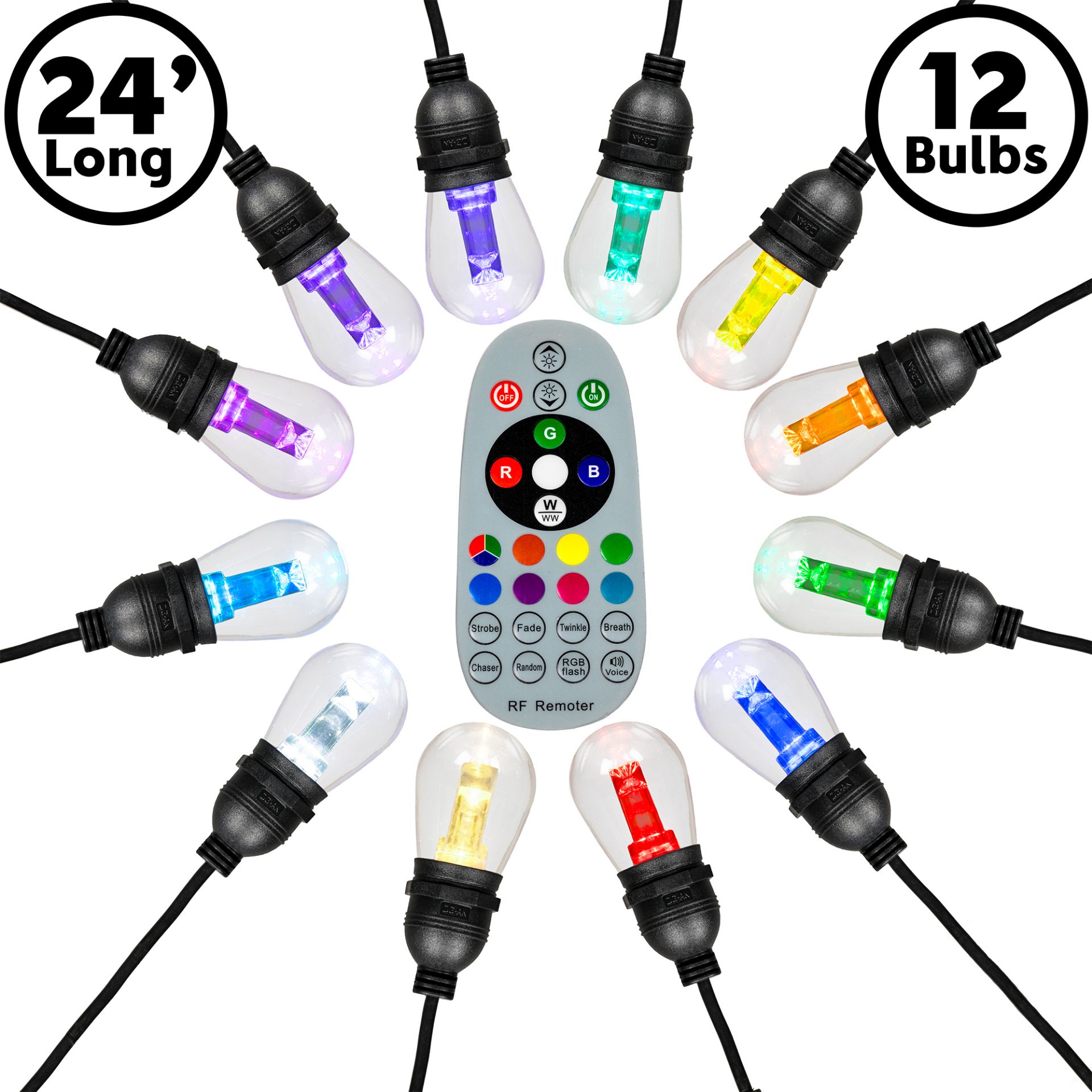 24' RGBWW LED S14 Patio Light String – 12 Bulbs, Black Wire | Novelty ...