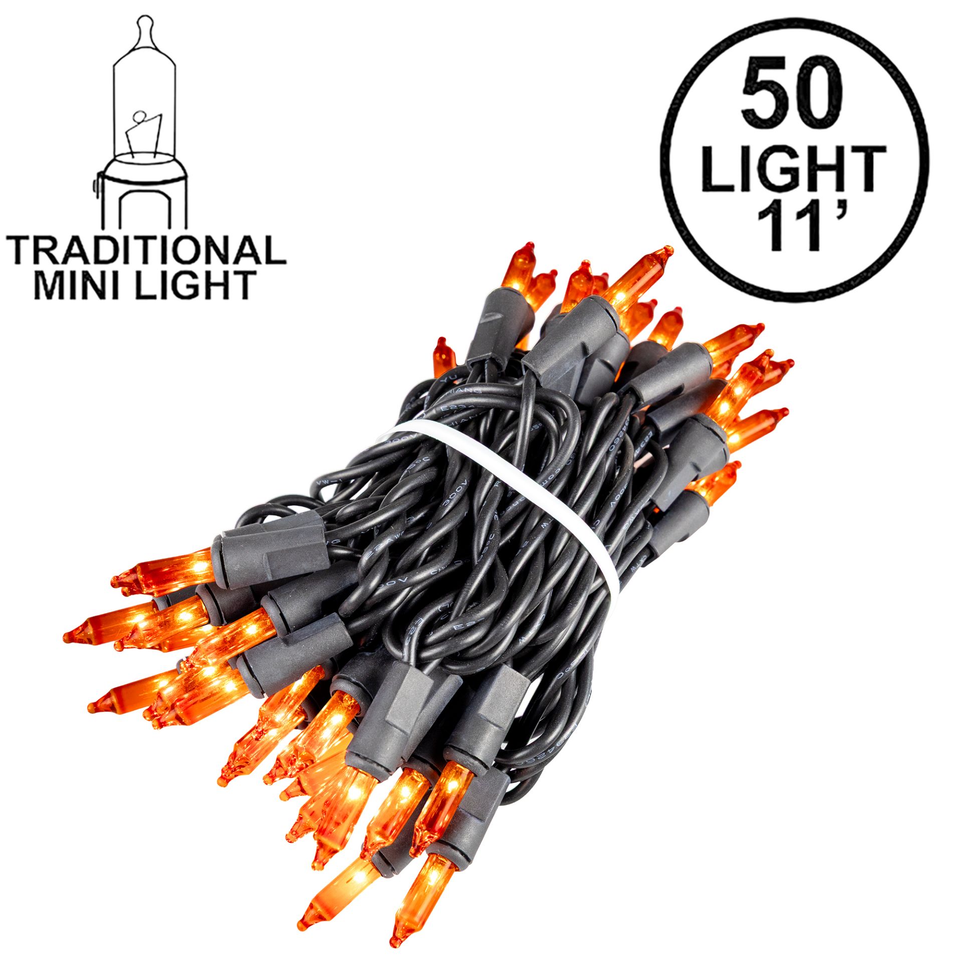 Orange Christmas Mini Lights Set 50 Light Black Wire 11 Feet - Novelty ...