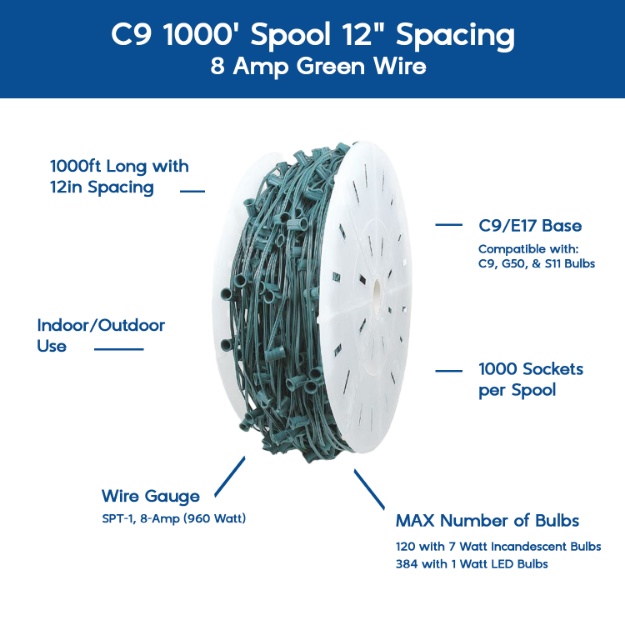 C9 1000 Foot Green wire Bulk Spool with 12" Spacing - Novelty ...