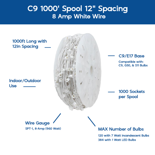 C9 1000 Foot Spool withWhite Wire and 12" Socket SpacingNovelty Lights ...
