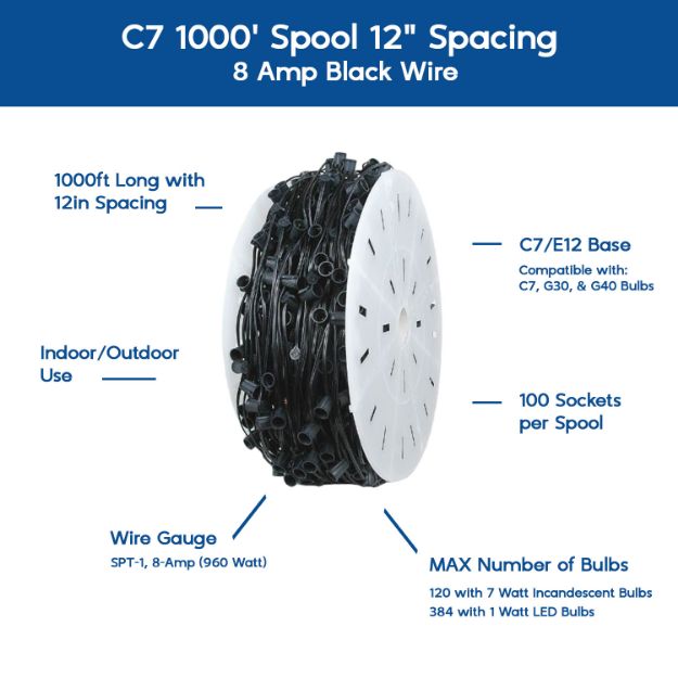 C7 1000 Foot Black Wire Bulk Spool with 12" Spacing - Novelty ...