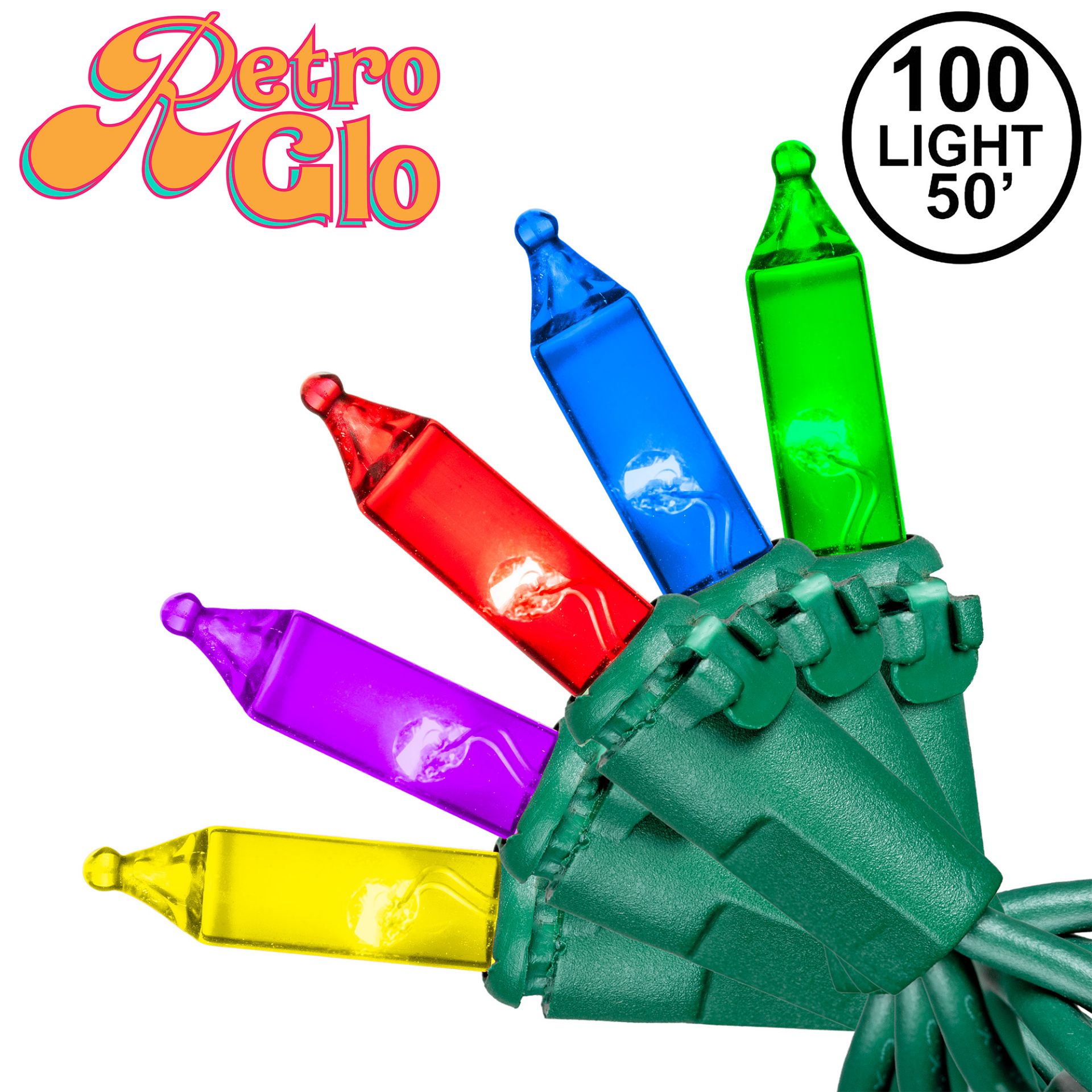 RetroGlo® Multi Color 100-Light Mini String – 50 ft Green Wire | UL ...