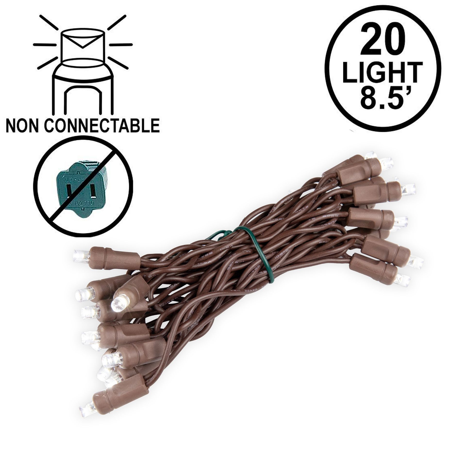 20 Light Pure White LED Christmas Light Set Non-Connectable Brown Wire ...