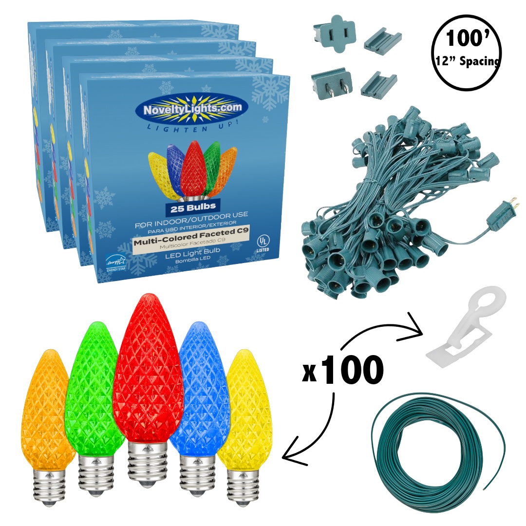 C9 Pro Decorator Kit - 100' LED Diamond Faceted Multi Color Green Wire ...