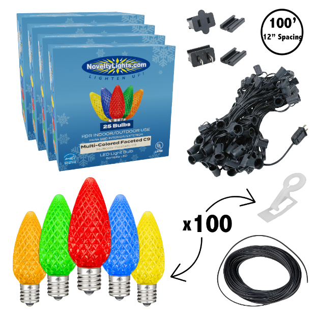 C9 Pro Decorator Kit - 100' LED Diamond Faceted Multi Color Black Wire ...